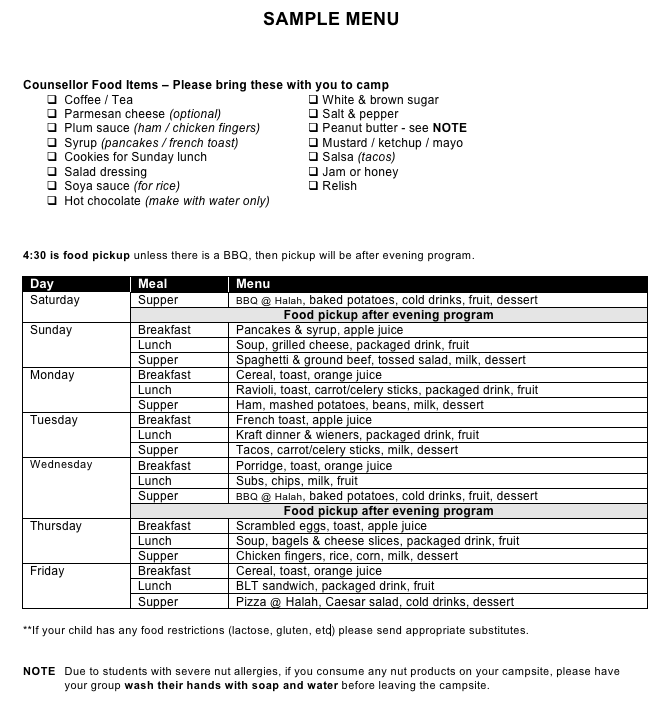 Sample Menu – Manitoulin Youth Camp