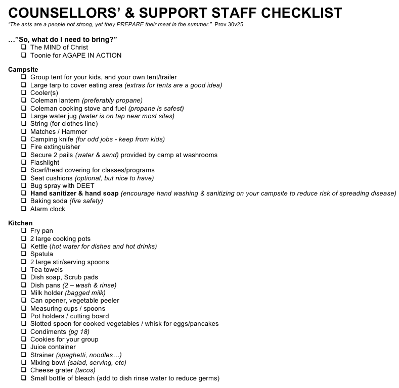 Counsellor Checklist – Manitoulin Youth Camp