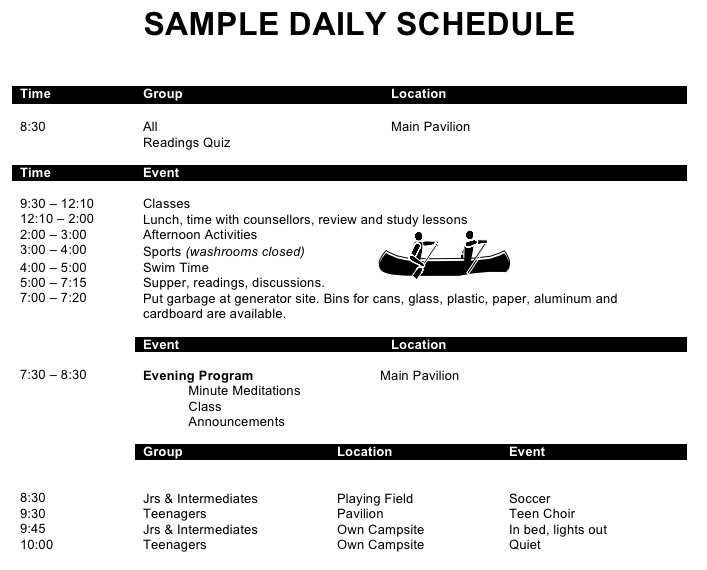 Daily Schedule – Manitoulin Youth Camp